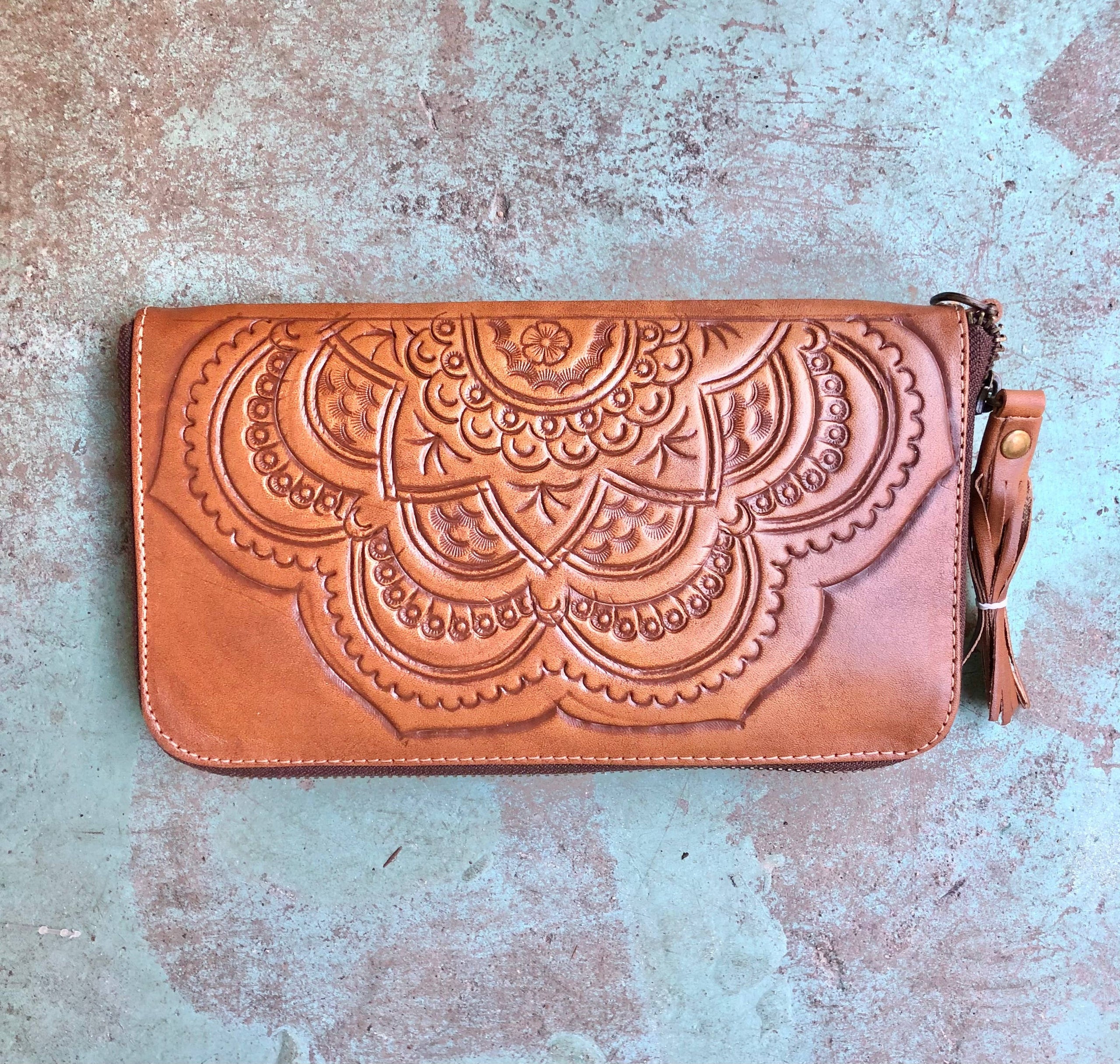 Natural Colored Zip Around Leather Wallet Tooled Leather Wristlet by ...